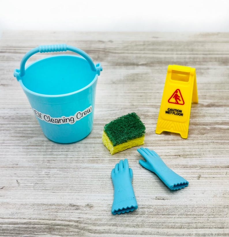Elf Doll Cleaning Kit: Miniature Bucket, Gloves and Wet Floor Sign, Elf ...