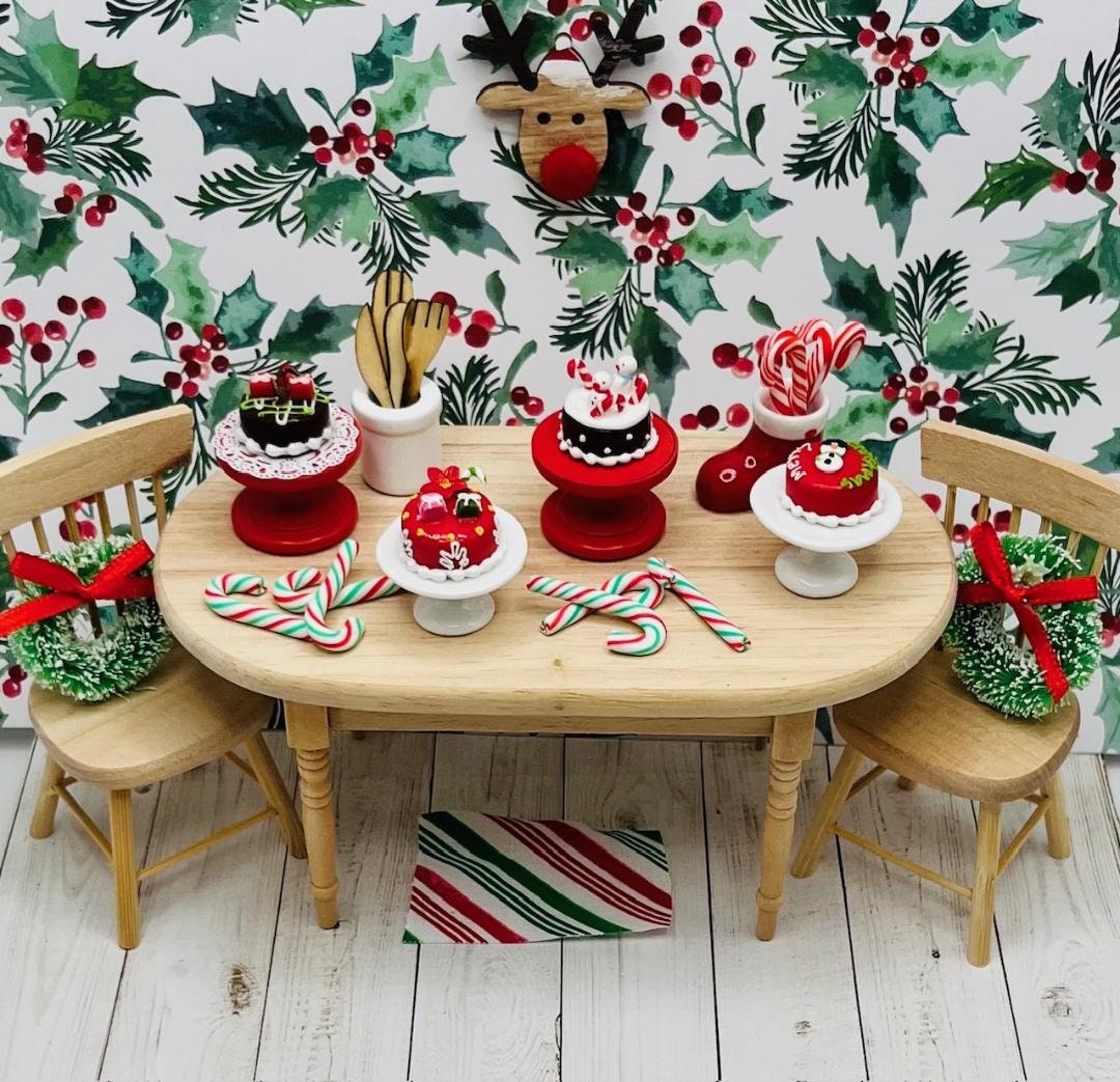 Dollhouse Christmas Table Setting Miniature Holiday Cakes Mini Cake ...