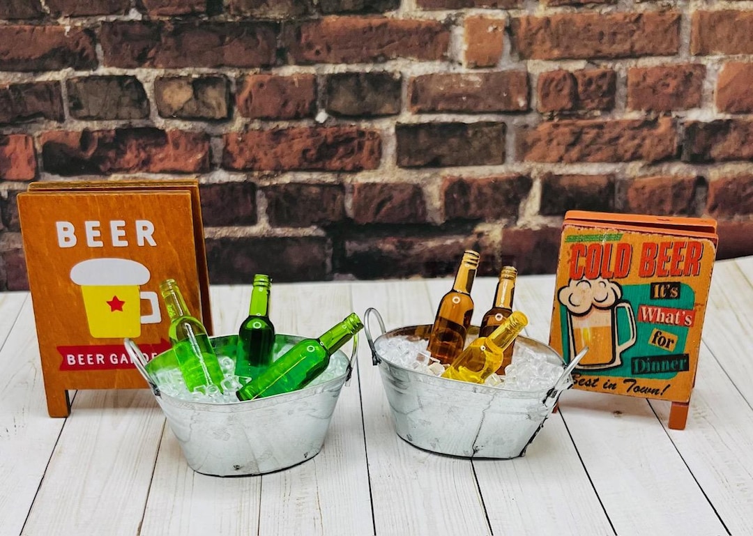 Dollhouse Miniature: Beer Bucket With Bottles and Ice, Mini Bar Sign (1 ...
