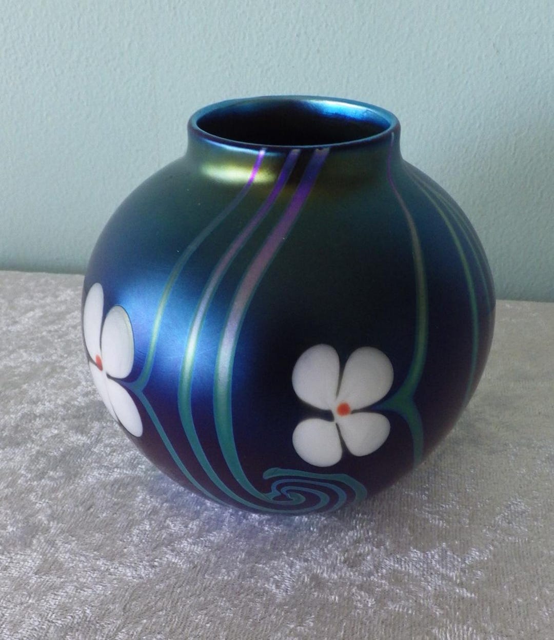 Early Richard Satava Blue Art Glass Vase White Flowers Hand Blown ...