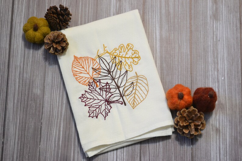 Autumn Leaves Embroidered Tea Towel 30x30 Embroidered | Etsy