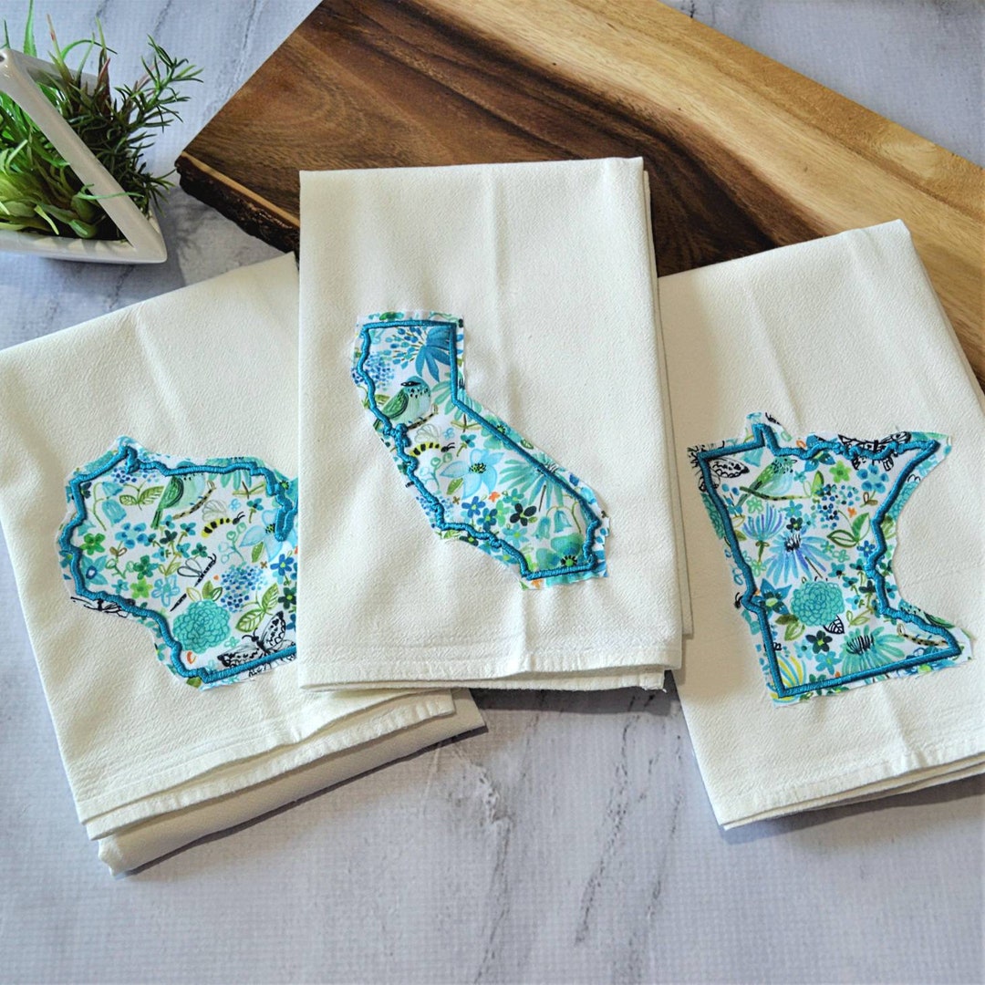 Teal Floral Embroidered Tea Towel, Choose Your State, Embroidered ...