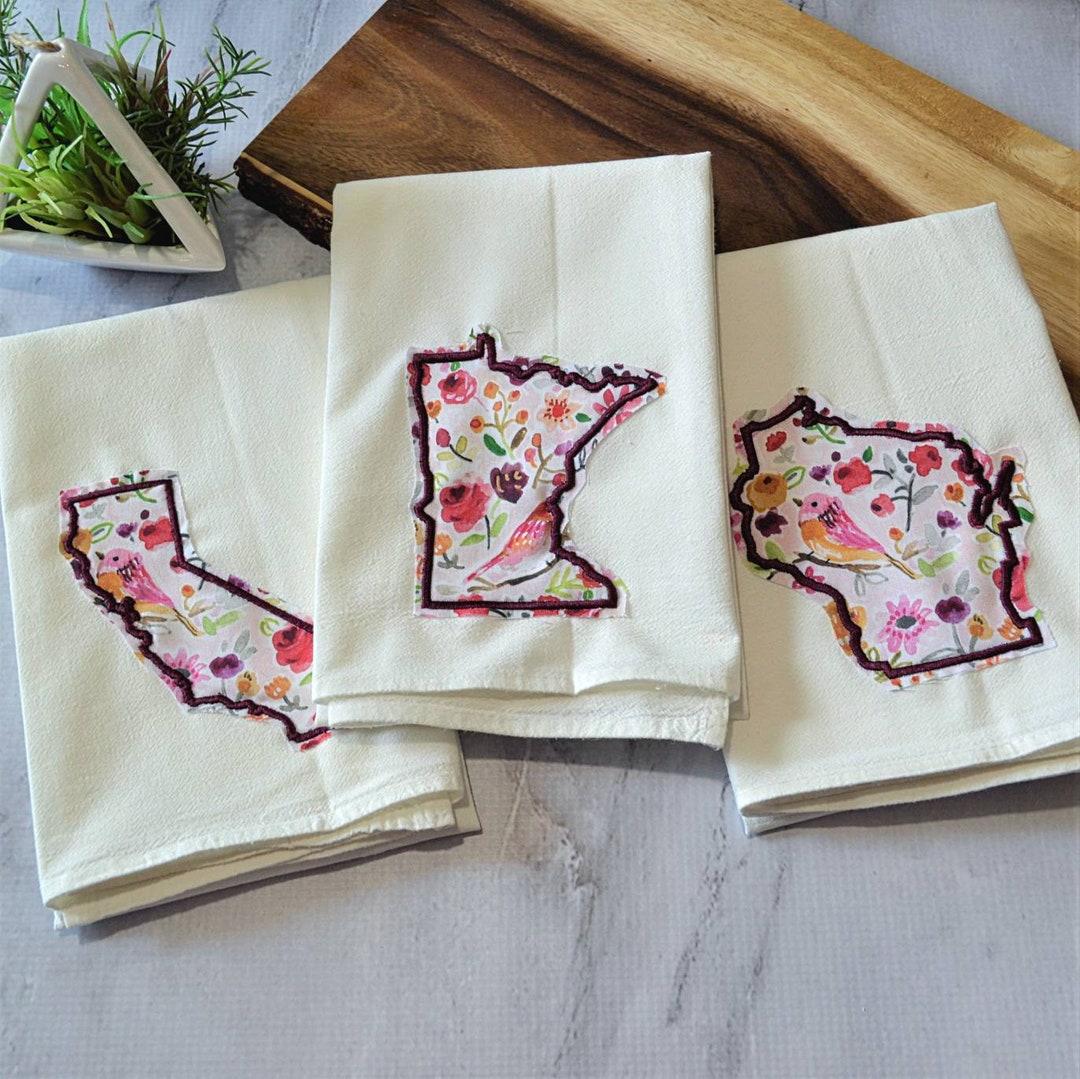 Pink Floral Embroidered Tea Towel, Choose Your State, Embroidered ...