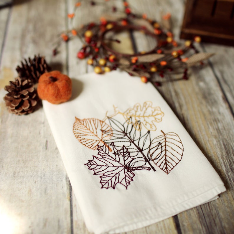 Autumn Leaves Embroidered Tea Towel, 30x30 Embroidered Floursack Towel ...
