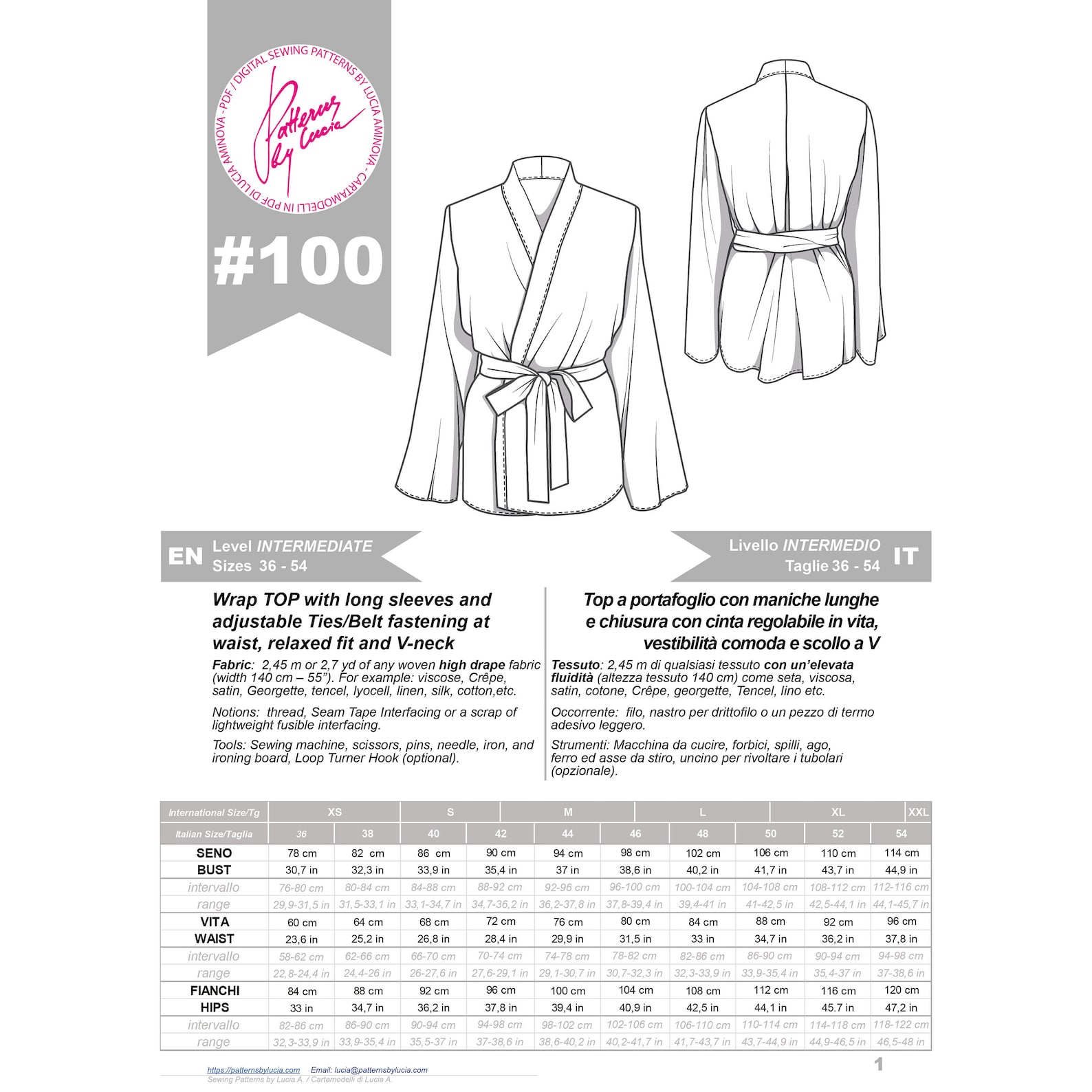 Wrap Blouse PDF Sewing Pattern | Sizes 36-54 | Includes Sewing ...