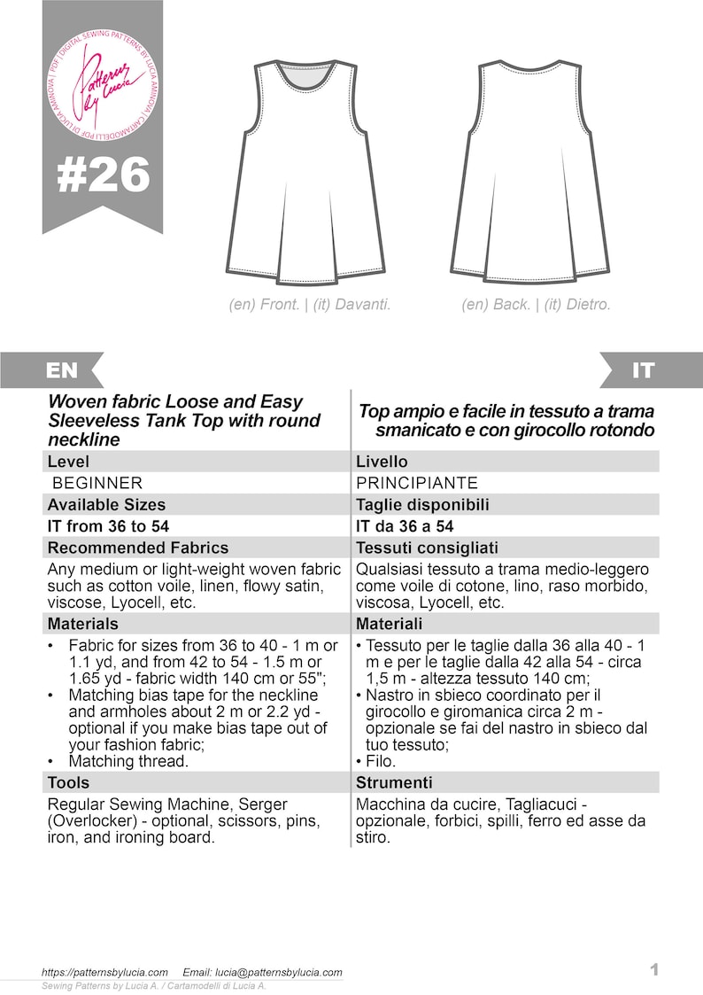 Tank Top PDF Sewing Pattern N.26 | Round Neckline and Sleeveless | With ...