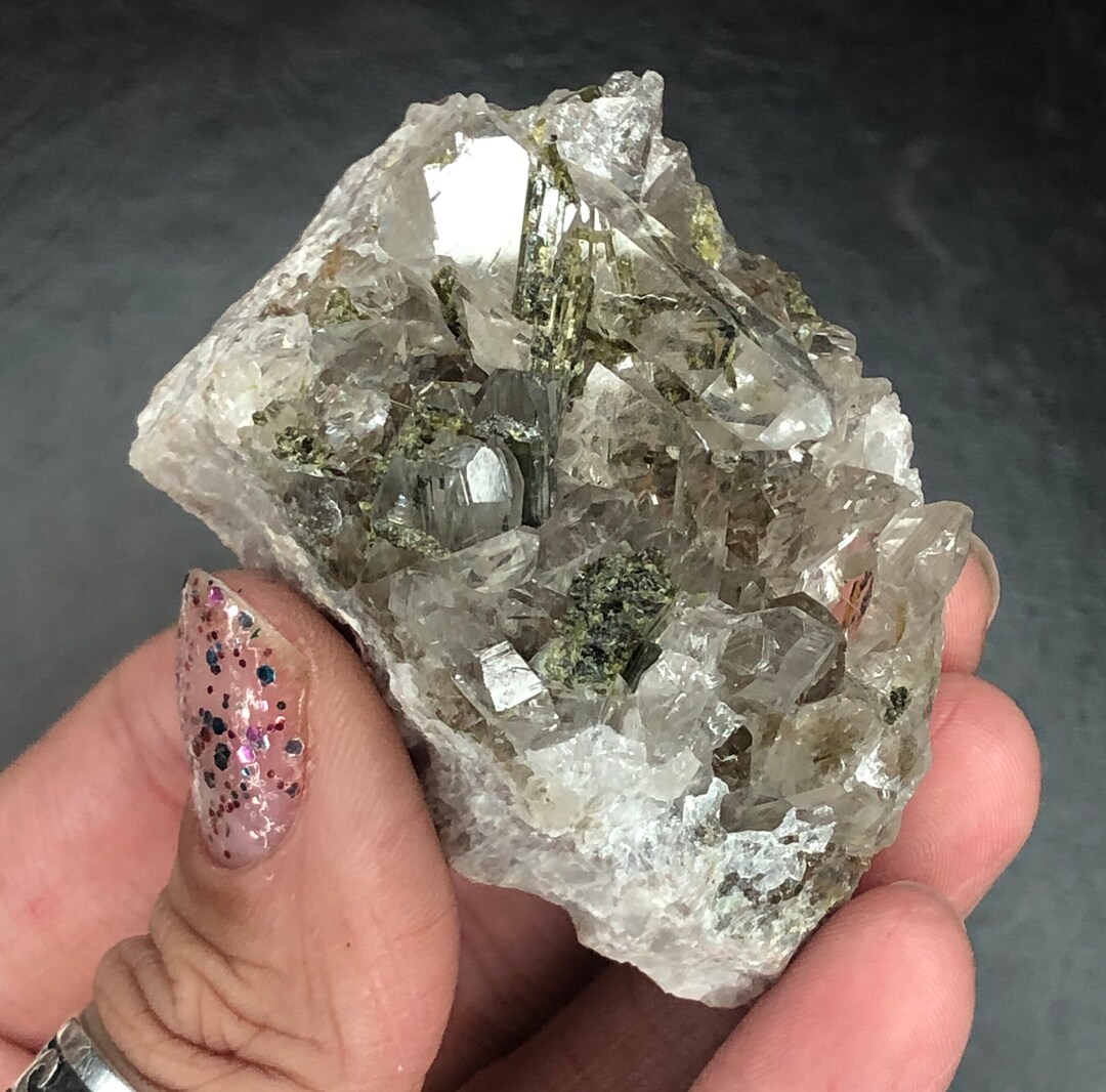 Epidote in Quartz Crystal Cluster Miniature Unpolished Raw Rocks and ...