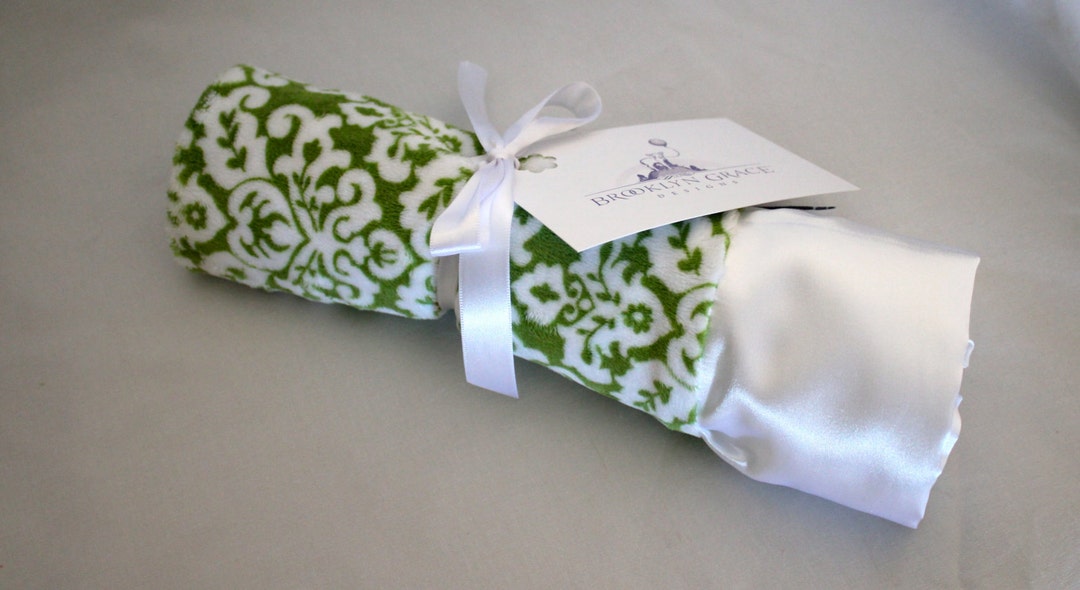 Green Damask Baby Lovie Blanket: White Chevron Minky, Satin Ruffle Trim ...