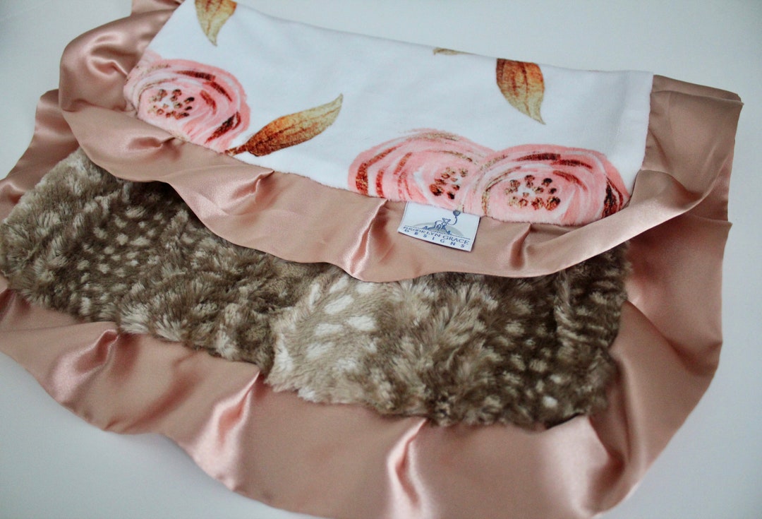 Floral Baby Lovie Blanket: Rose Gold Satin Trim, Fawn Minky - Etsy