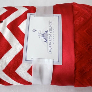 Red and White Chevron With Solid Red Embossed Minky and Red - Etsy