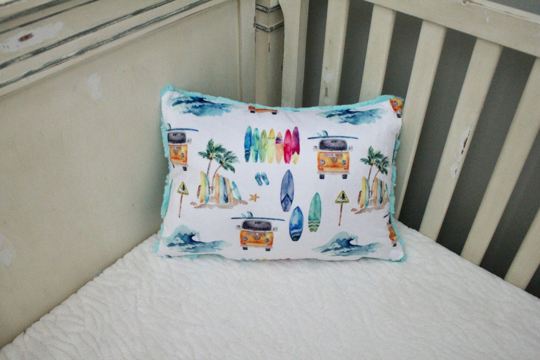 NURSERY PILLOW - Vintage Camper Bus, Surfboard, Surfer, Beach Toddler ...