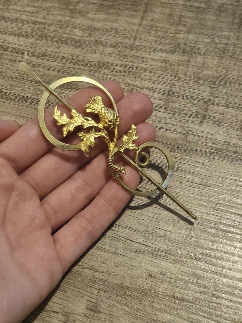 Handmade Brass Thistle Kilt Pin for Women & Men, Gold Hammered Shawl ...