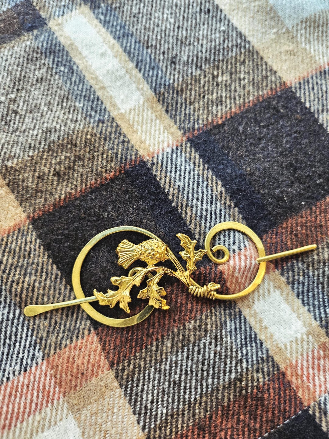 Handmade Brass Thistle Kilt Pin for Women & Men, Gold Hammered Shawl ...