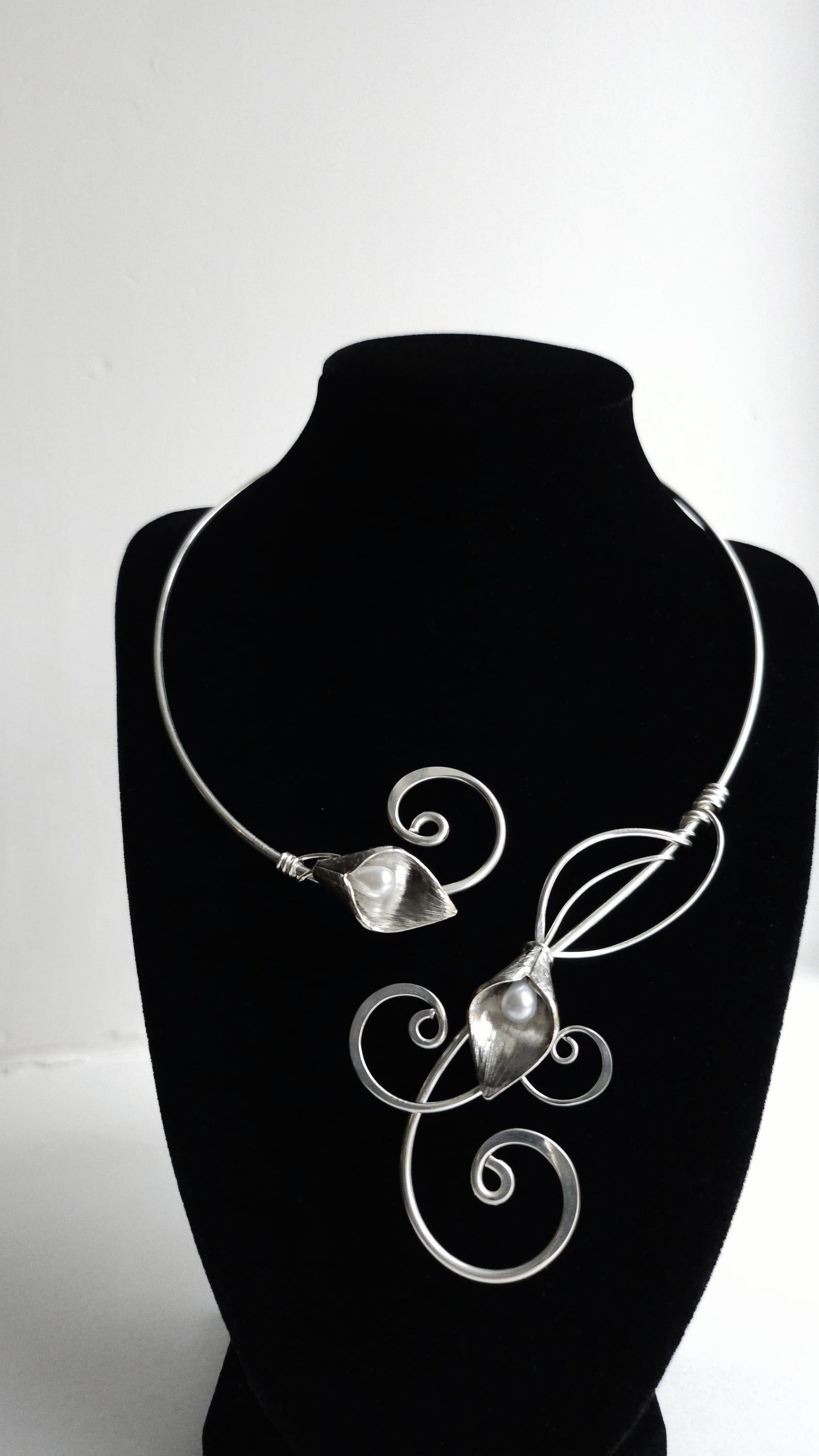 Lily Torc Collar Necklace - Silver Pearl Lily Accents, Adjustable ...