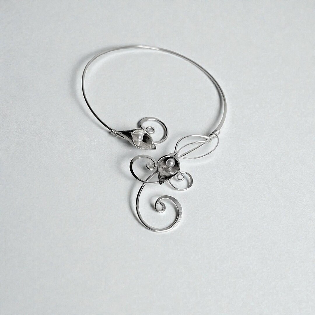 Lily Torc Collar Necklace - Silver Pearl Lily Accents, Adjustable ...