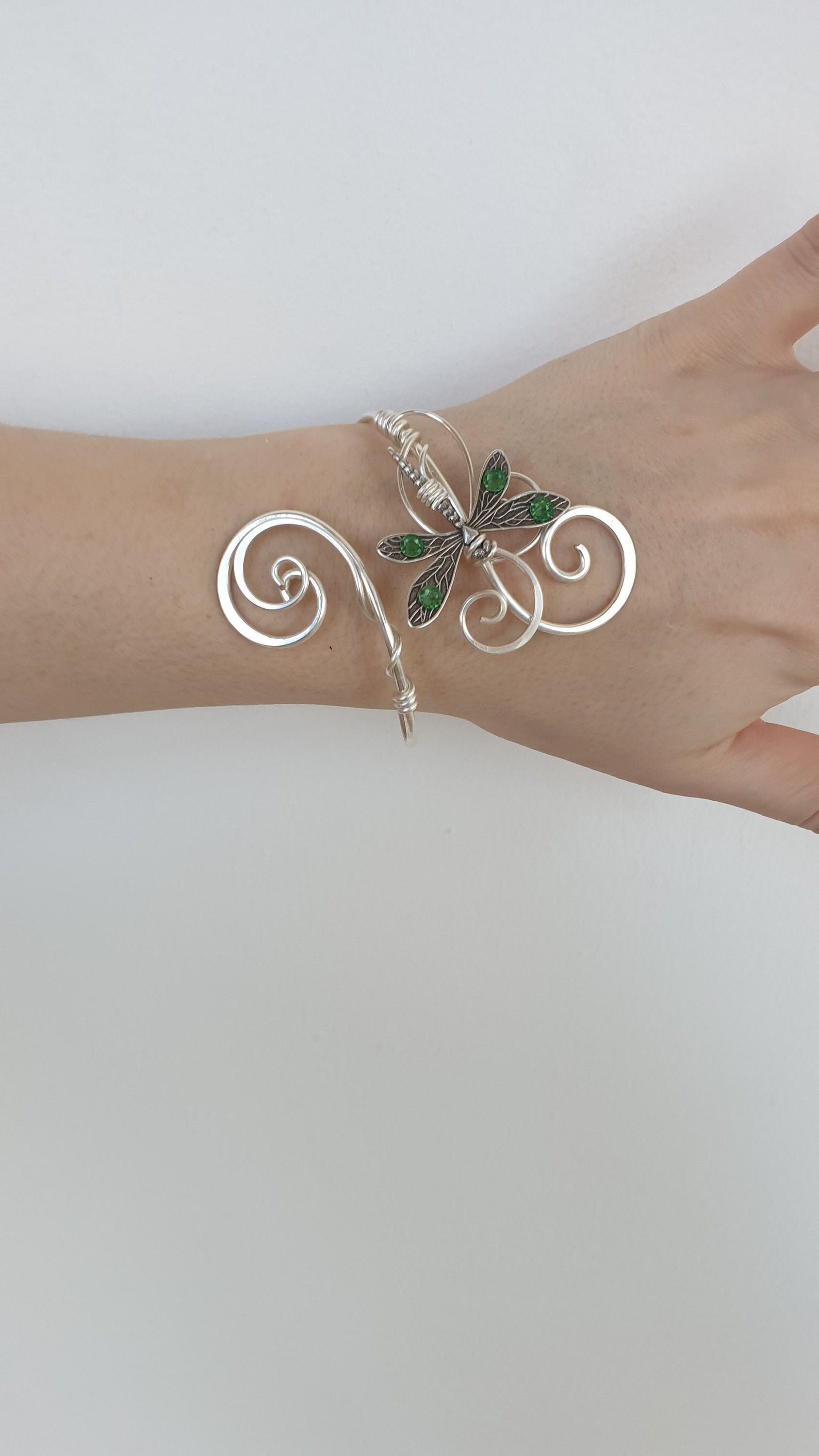 Dragonfly Bracelet Silver Womens Gift Cuff Emerald Crystal Wedding Elven Bangle Etsy