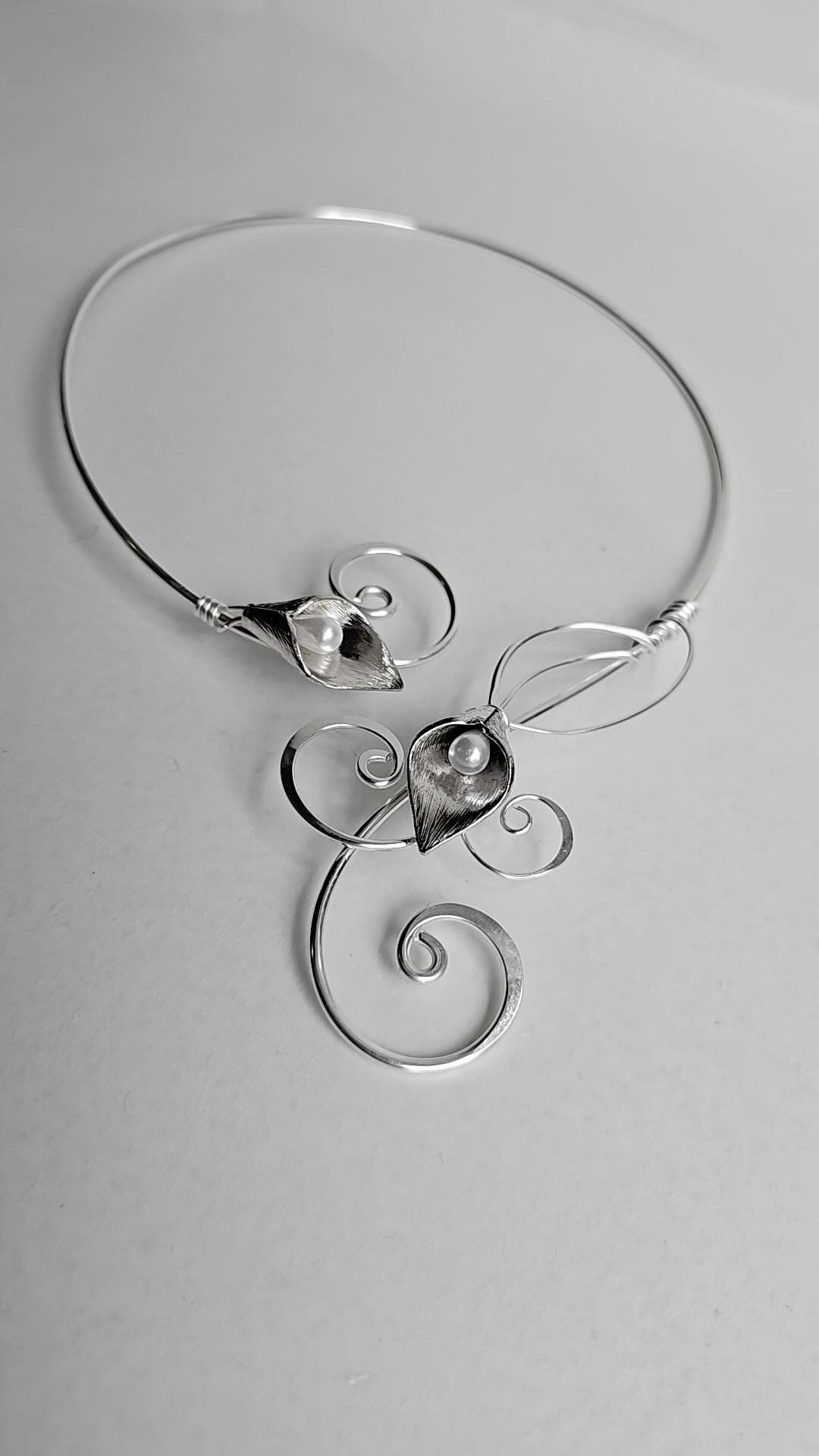 Lily Torc Collar Necklace - Silver Pearl Lily Accents, Adjustable ...