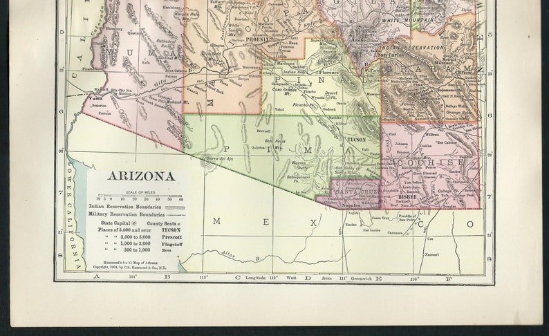 Antique Arizona Map 1903 History Genealogy Souvenir Travel - Etsy