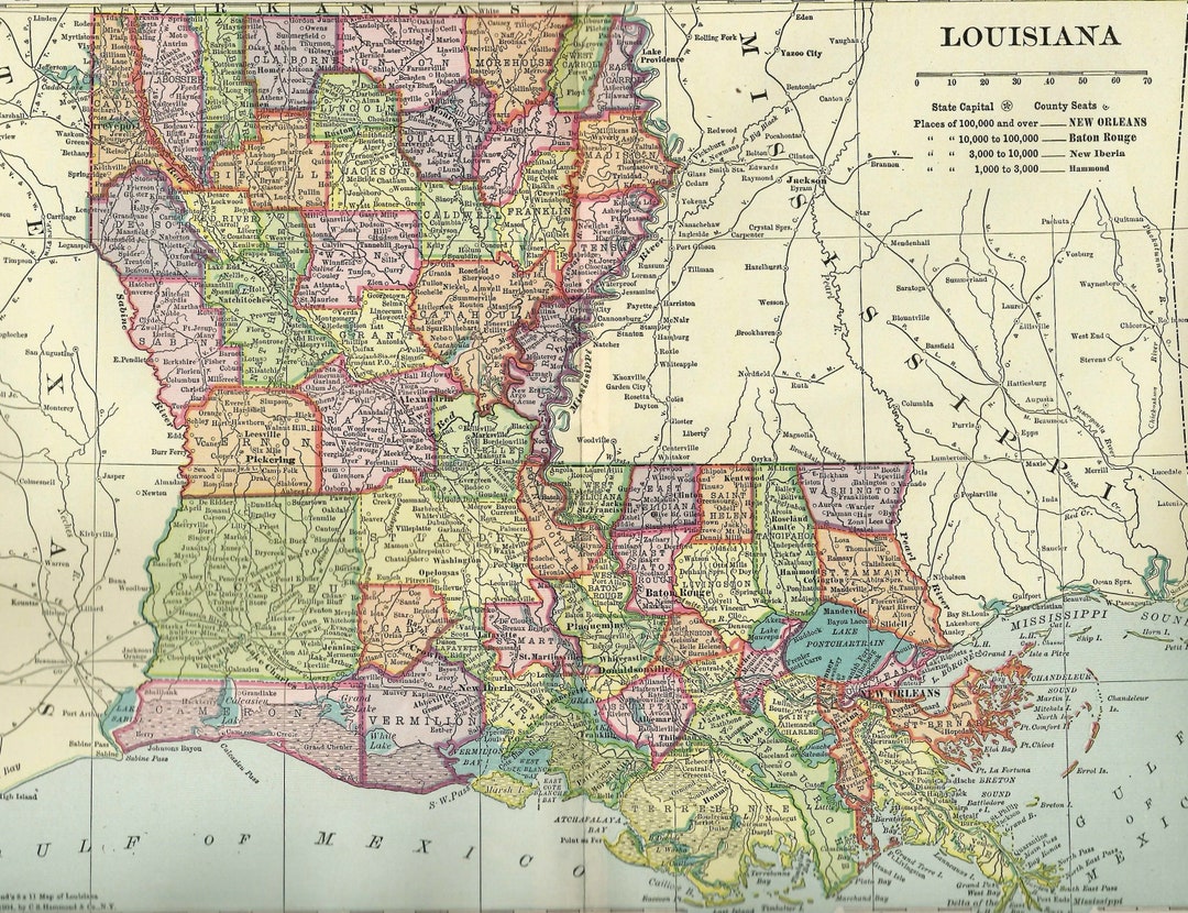 1904 Louisiana Map - Antique United States History Genealogy Souvenir ...