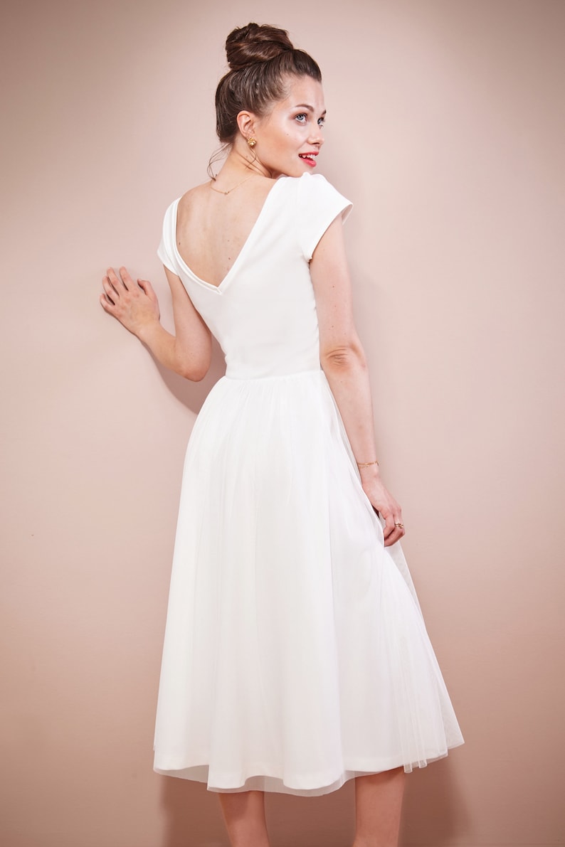 Midi Wedding Dress DARYA With Tulle Skirt and Back Neckline - Etsy UK