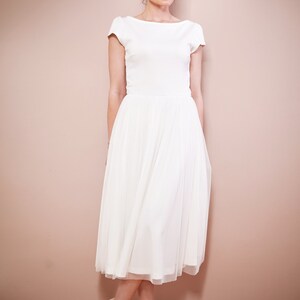Simple Midi Wedding Dress With Tulle Skirt, Back Neckline, and Short ...