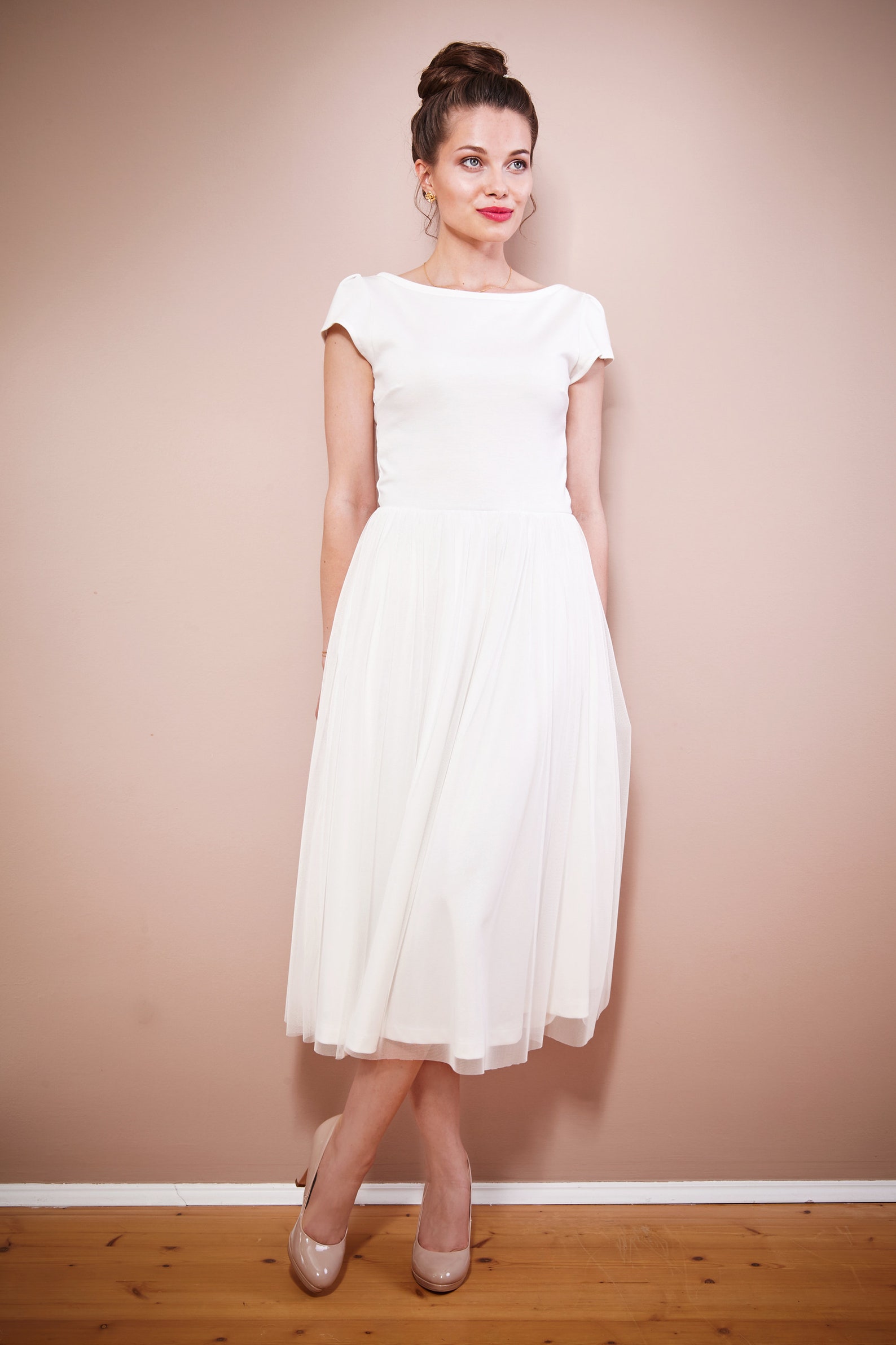 Midi wedding dress DARYA with tulle skirt and back neckline | Etsy