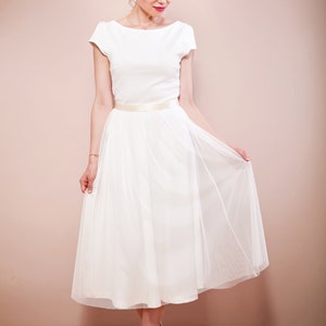 Simple Midi Wedding Dress With Tulle Skirt, Back Neckline, and Short ...