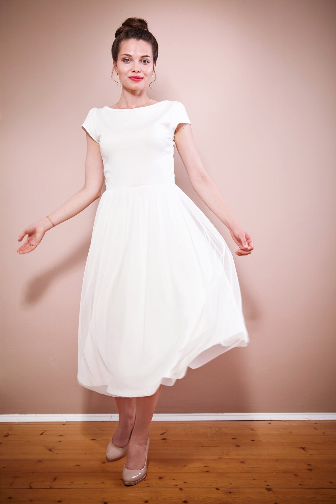 Simple Midi Wedding Dress With Tulle Skirt, Back Neckline, and Short ...