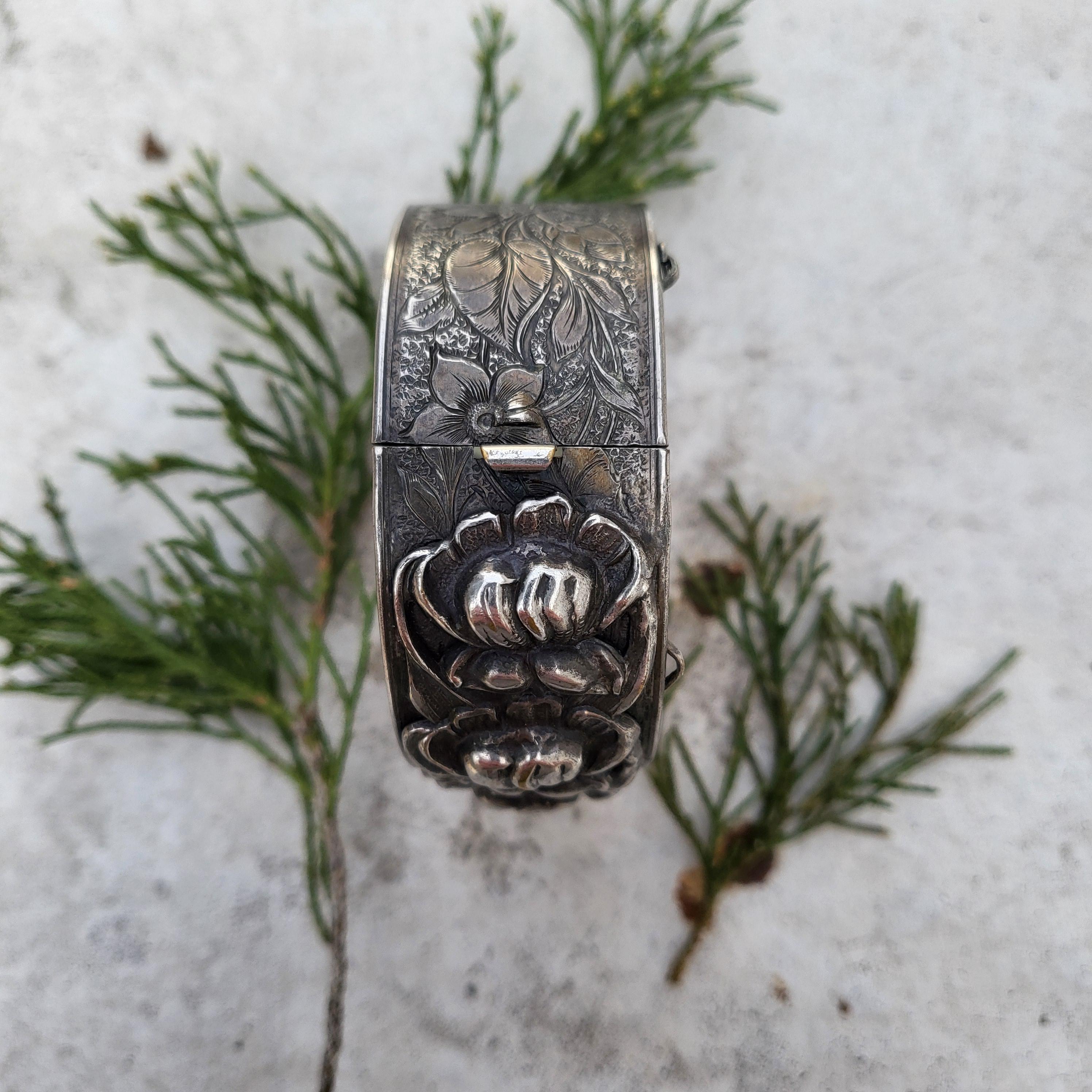 Art Nouveau Floral Repousse Hinged Bangle Bracelet - Etsy