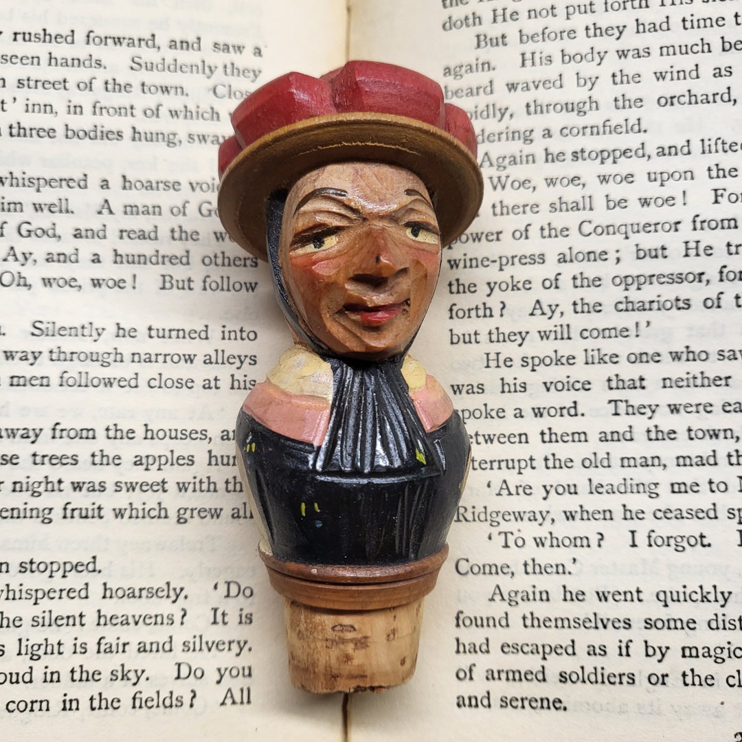 Anri Style Vintage Hand Carved Wooden Bottle Topper Cork Lady in Hat - Etsy