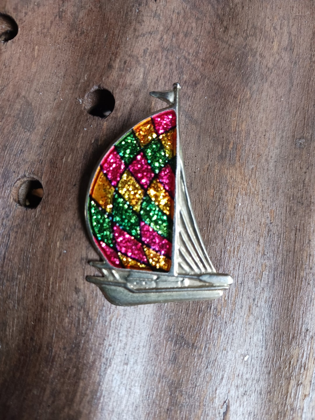 Vintage Low Profile Enamel Gold Tone Sailboat Pin Brooch Pink Green ...