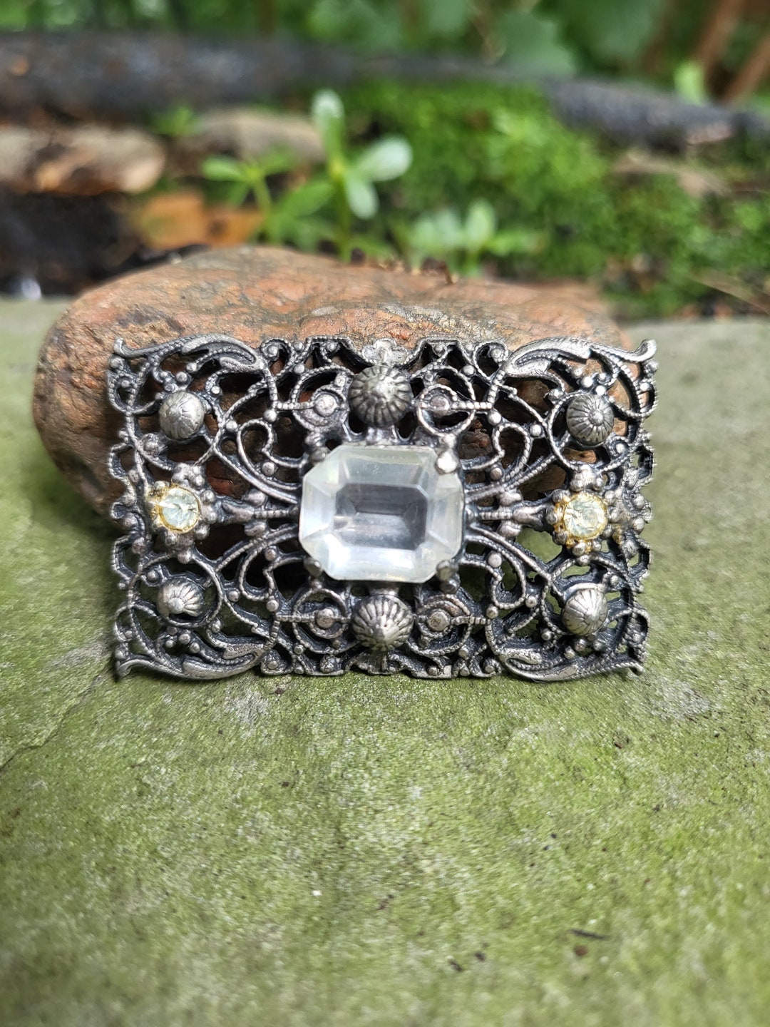 Vintage Square Scrolling Vine Metal Clear Plastic Setting Crystal ...