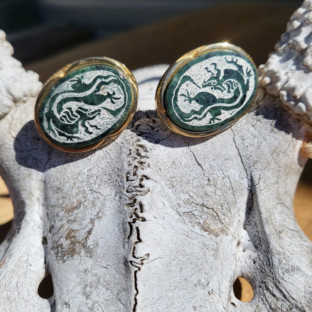 Vintage Swank Gold Tone Green Marble Carved Ancient Dragon Cufflinks - Etsy