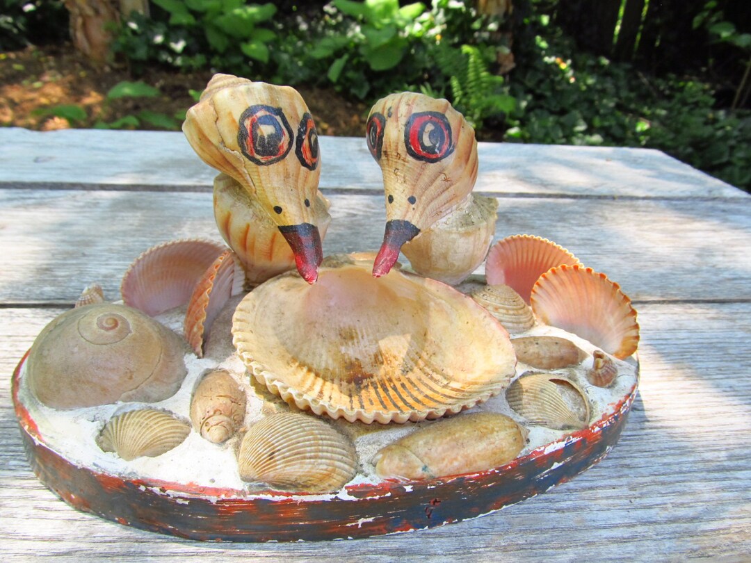 Vintage Folk Art Shell Birds - Shell Birds Trinket Dish - Beach Decor ...
