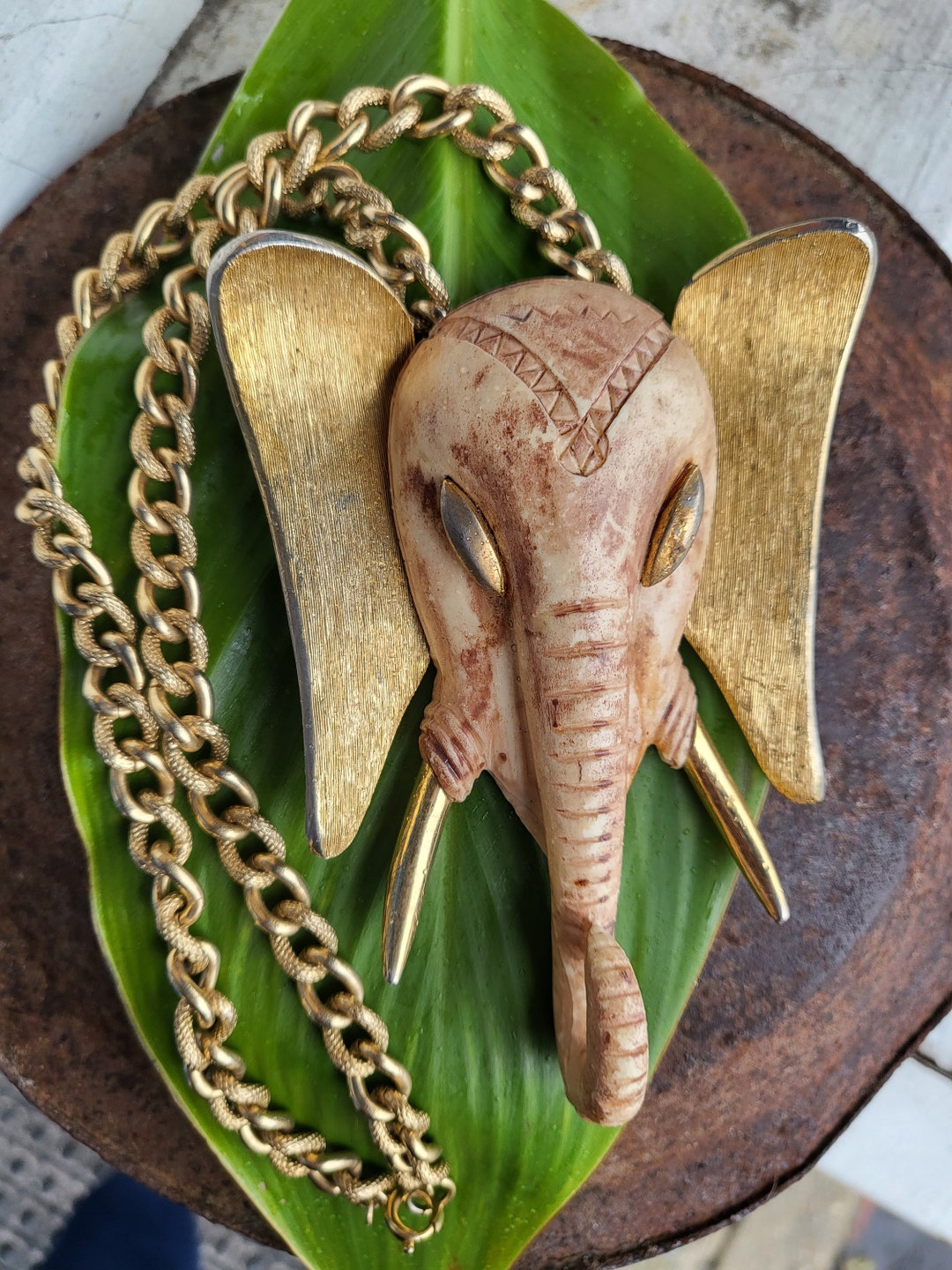 1970's Luca Razza Styled Gold and Ivory Style Celluloid Plastic Pendant ...