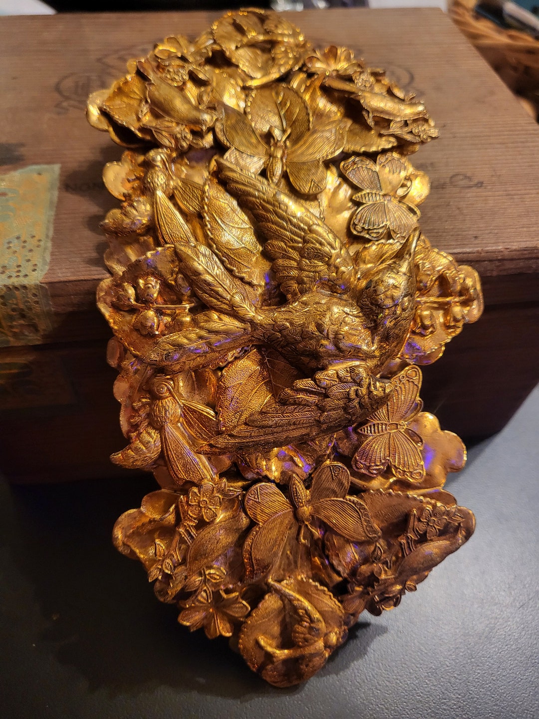 Vintage 1980 Large Ornate Gold Belt Buckle Birds, Butterflies, Flowers ...