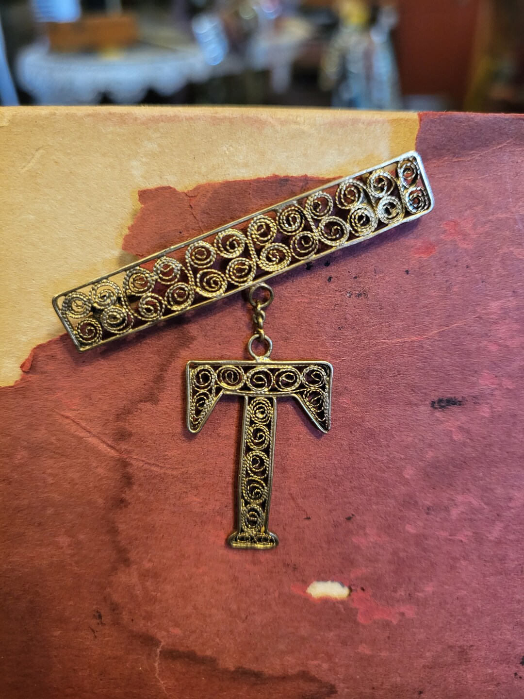 Filigree Bar and Monogram T Vintage Pin Brooch Gold Tone - Etsy