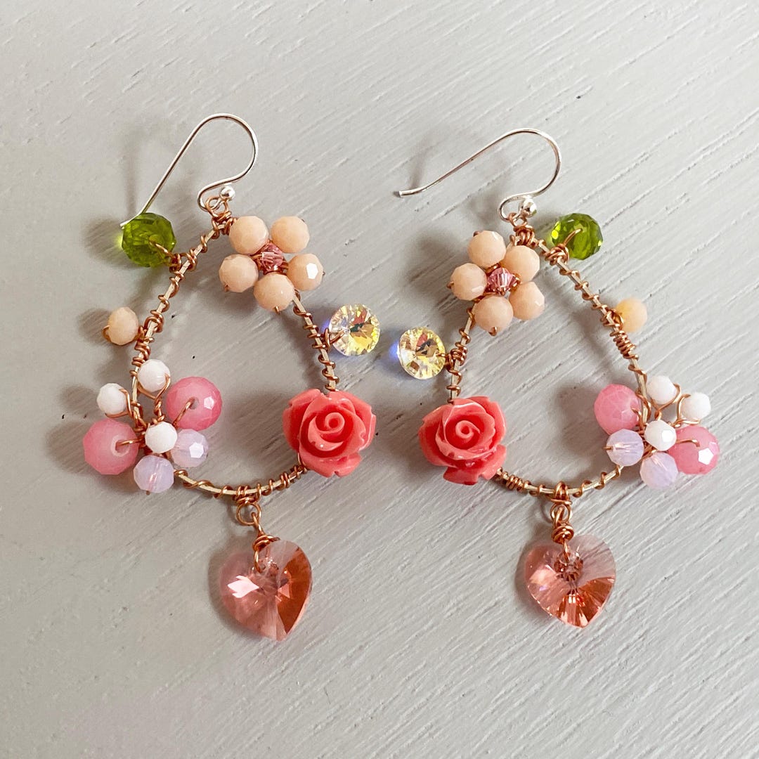 Pink Floral Hoop Earrings, Peach Rose & Crystal Heart Jewelry - Etsy