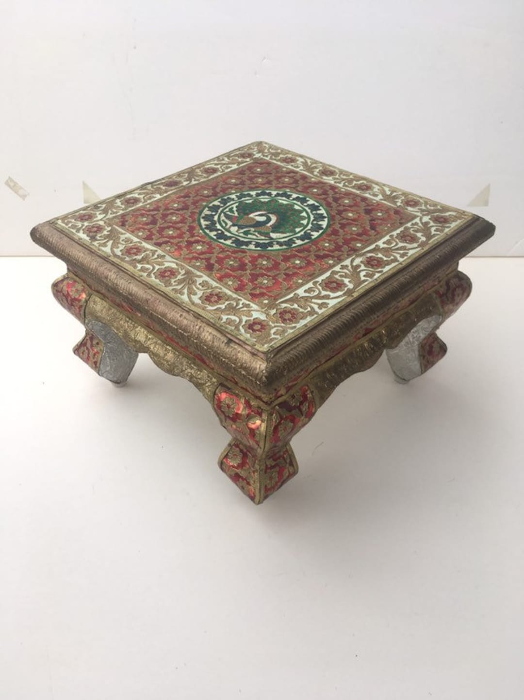 Bohemian Repousse Moroccan Peacock Pedestal Stool Metal Clad Hardwood ...
