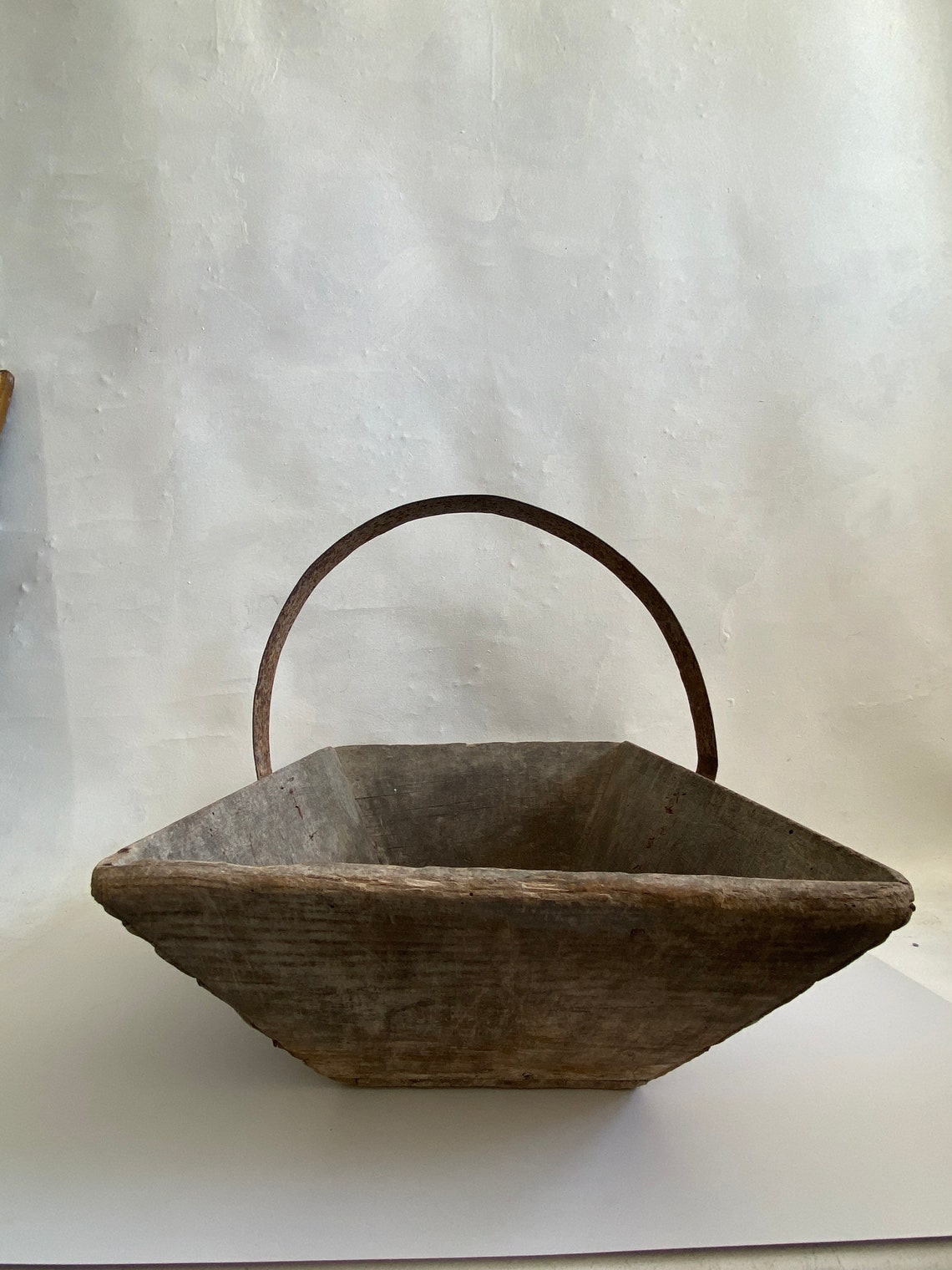 Rustic Rectangular Wood Pail With Steel Strap Handle and Remnant Blue ...