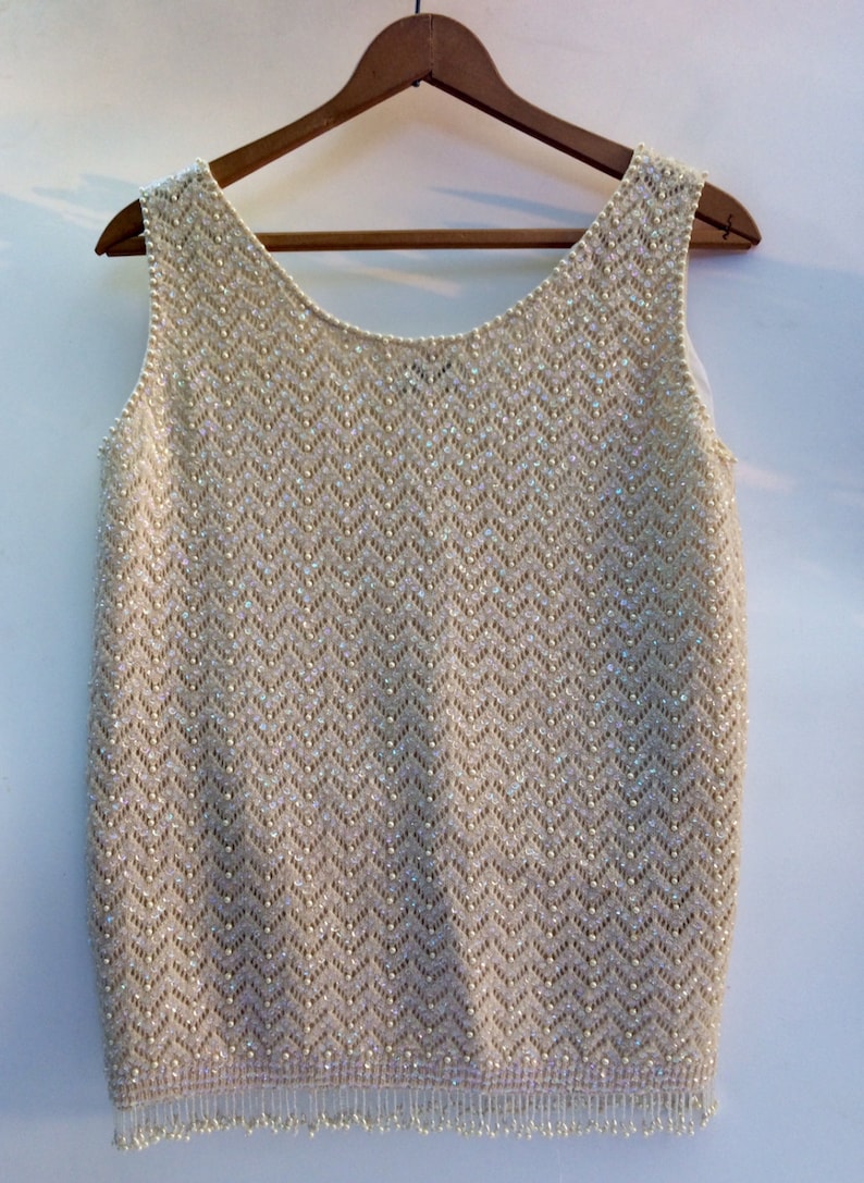 Mid Century Modern Vintage Cyn Les Pearl Bead and Sequin Cream Wool ...