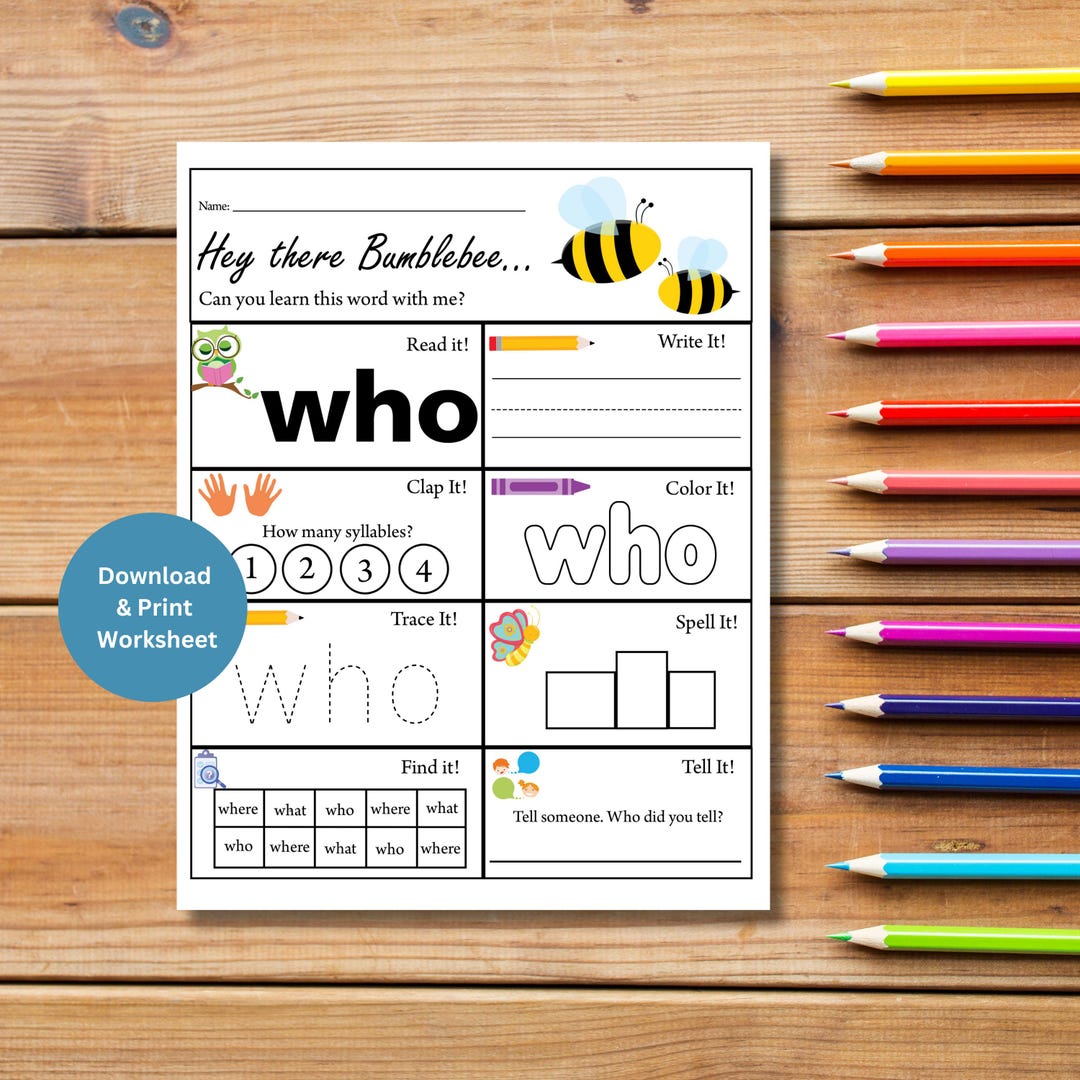 Sight Word 'who' Worksheet: Printable Practice Activities (PDF) - Etsy