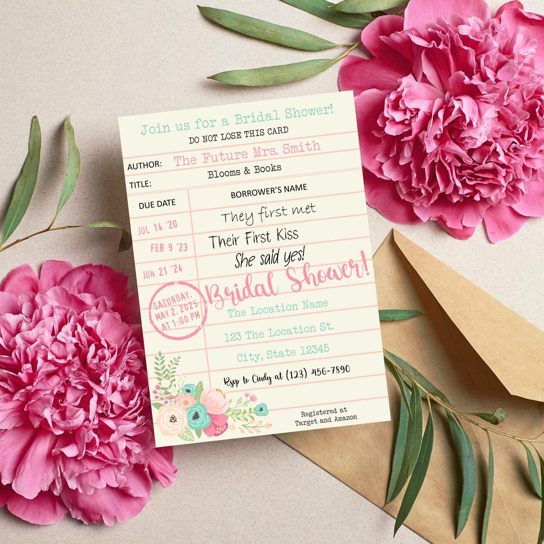 Library Card Bridal Shower Invitation | Books and Bloom | Editable ...