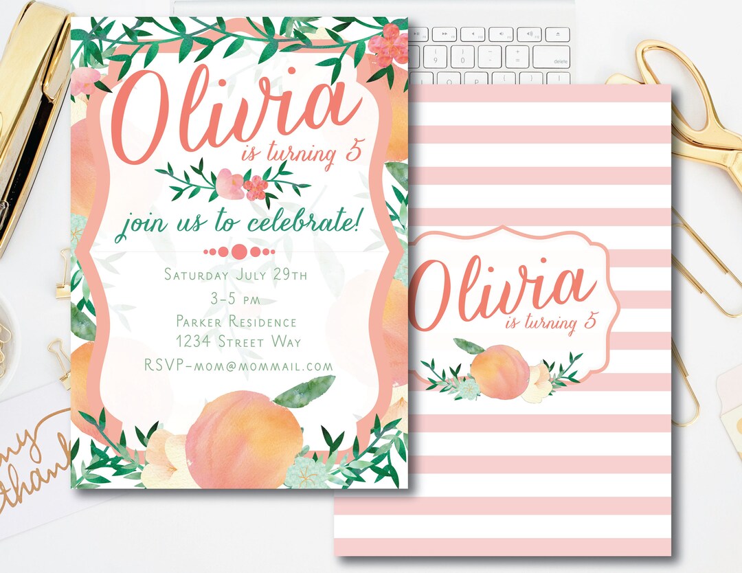 Peach Invitation-watercolor Invitation-floral Invitation-birthday Party ...
