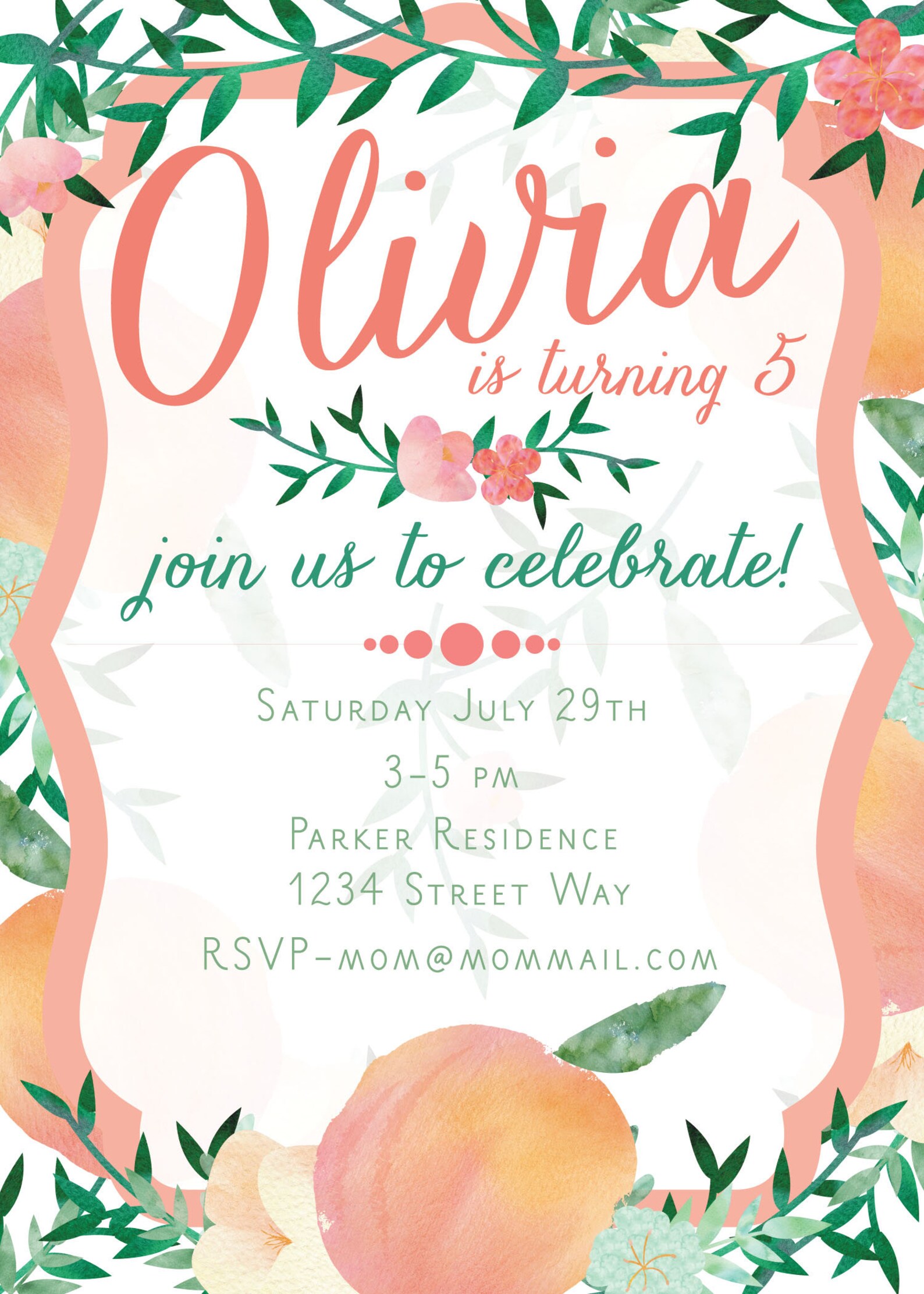 Peach Invitation-watercolor Invitation-floral Invitation-birthday Party ...