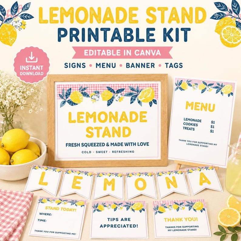 Lemonade Stand Printable Kit, Kids Summer Business Sign Banner (digital ...