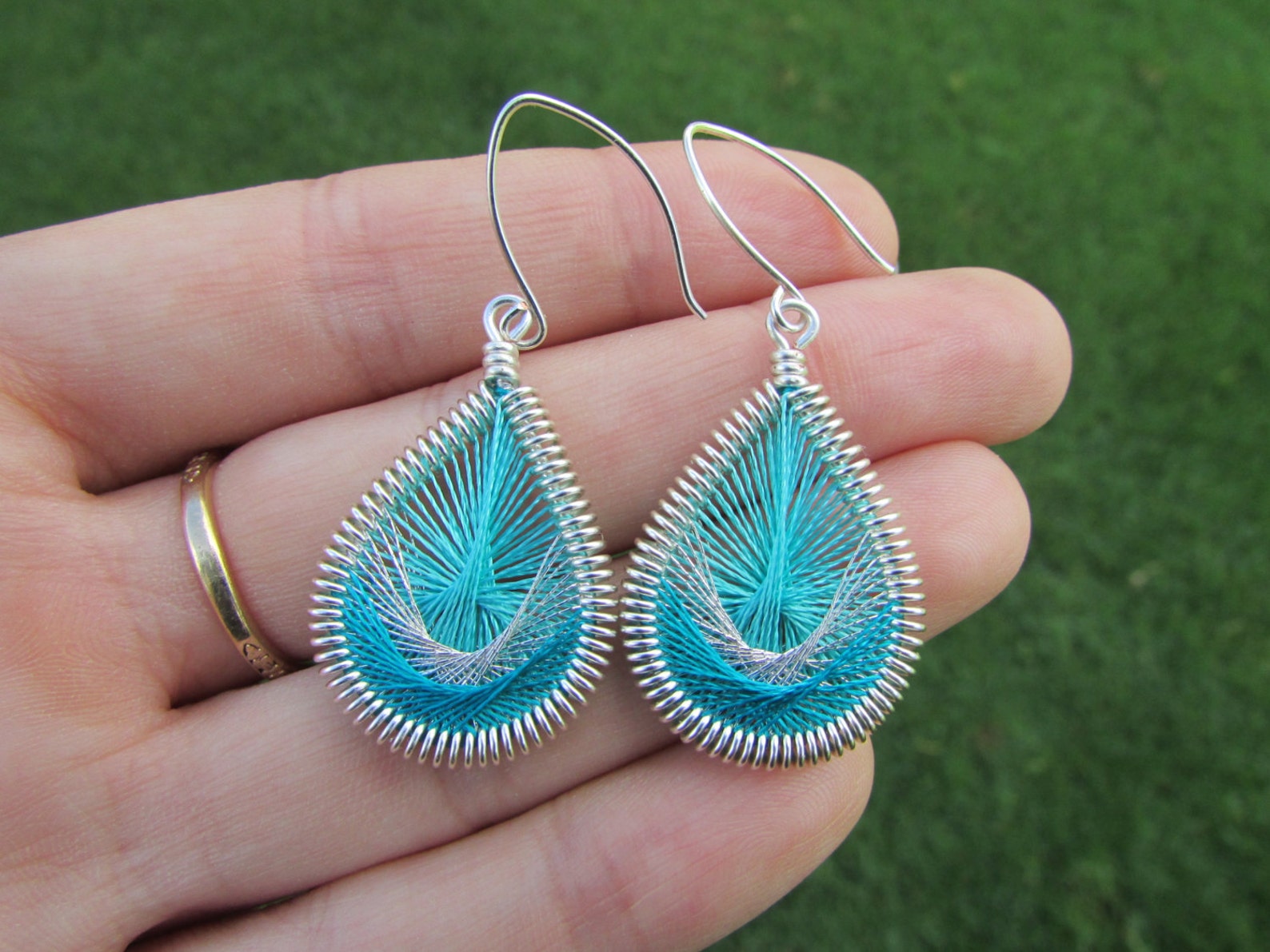 Peruvian Thread Earrings Aqua Silver & Turquoise Colorful | Etsy