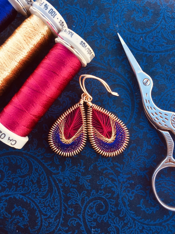 Maroon Gold & Midnight Blue Peruvian Thread Earrings | Etsy
