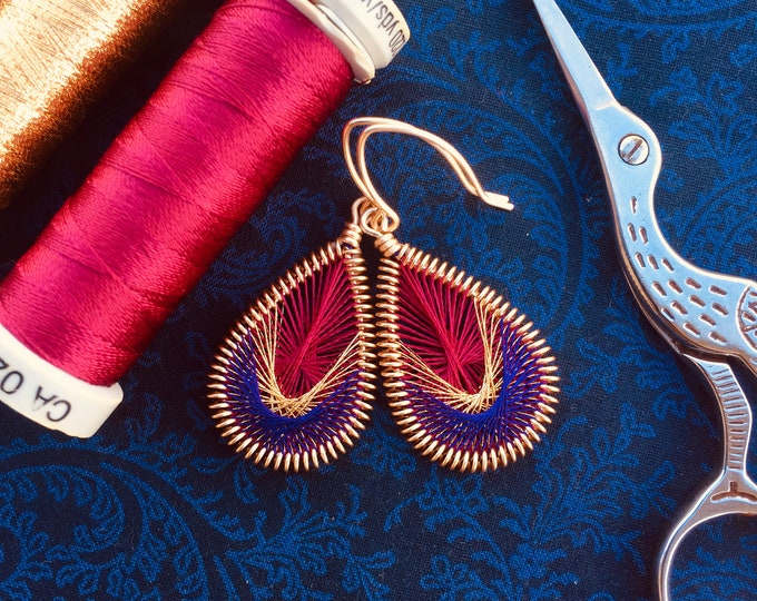 Maroon, Gold & Midnight Blue Peruvian Thread Earrings - Etsy