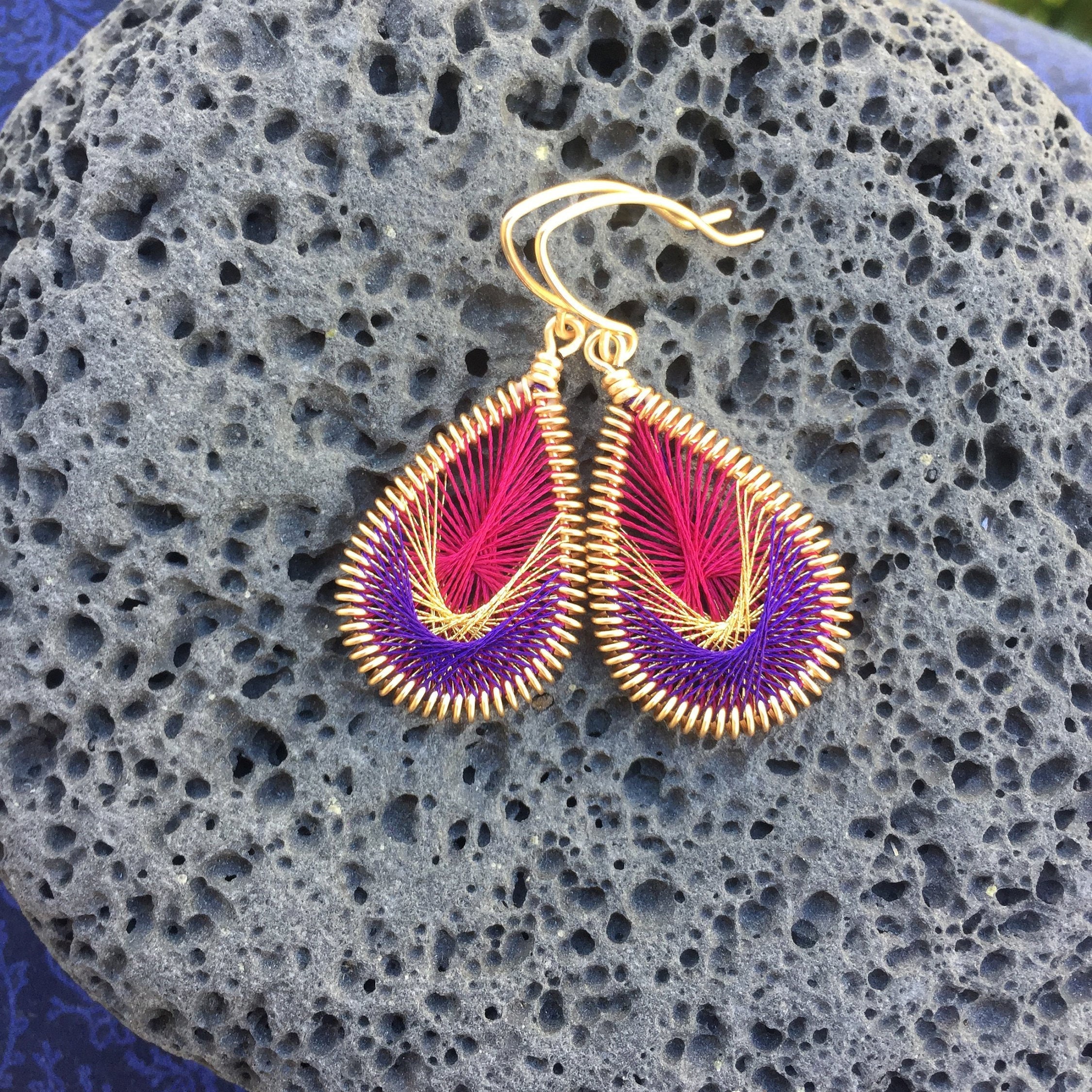 Maroon Gold & Midnight Blue Peruvian Thread Earrings | Etsy